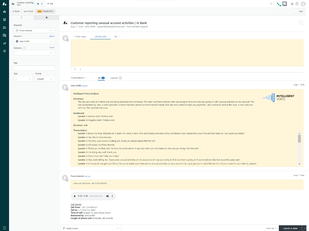 Generative AI Voice Analytics App Integration with Zendesk Support